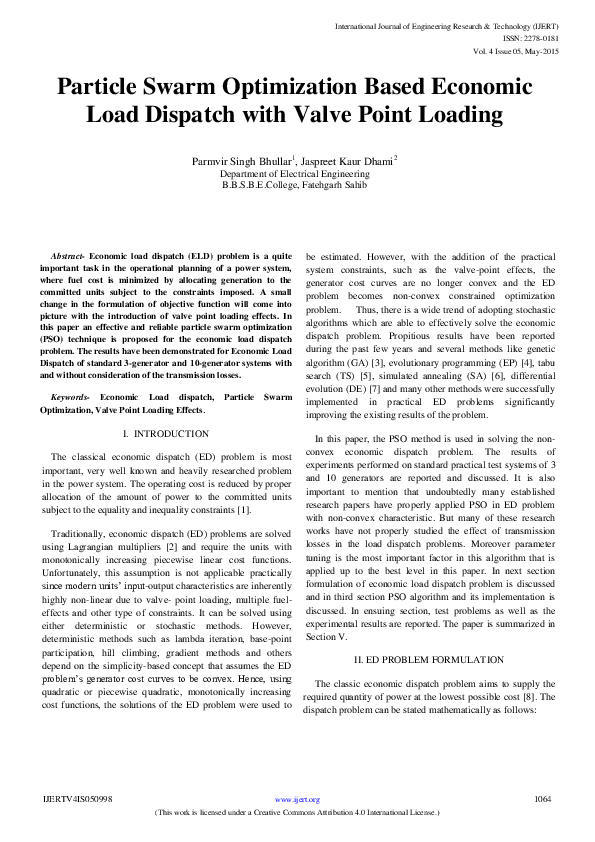 (PDF) IJERT-Particle Swarm Optimization Based Economic Load Dispatch with Valve Point Loading