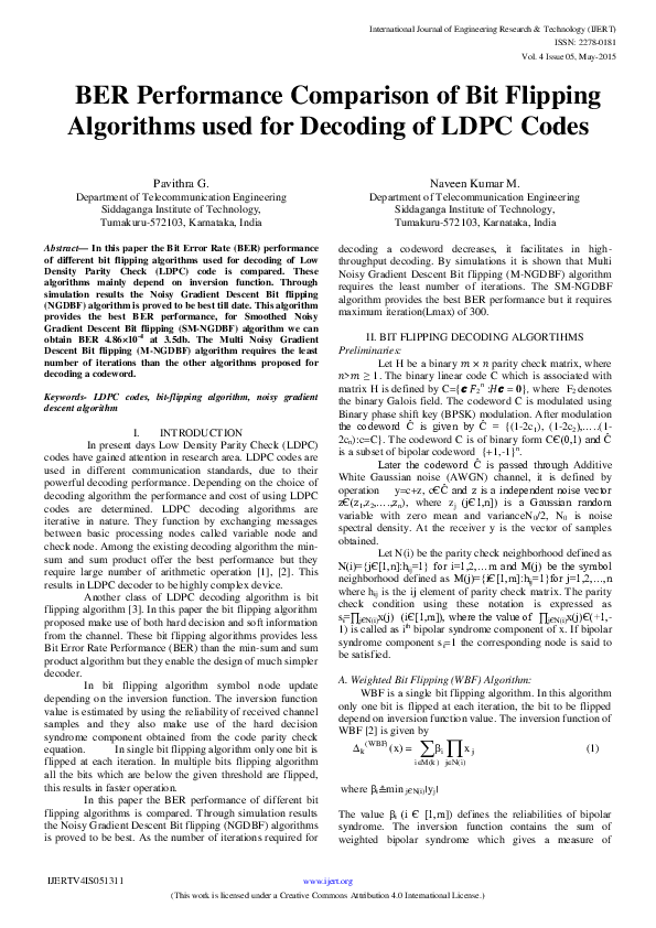 Pdf Ijert Ber Performance Comparison Of Bit Flipping Algorithms Used For Decoding Of Ldpc Codes