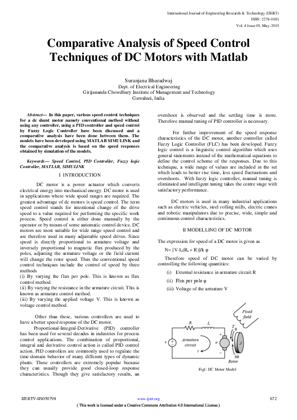 Pdf Ijert Comparative Analysis Of Speed Control Techniques Of Dc Motors With Matlab