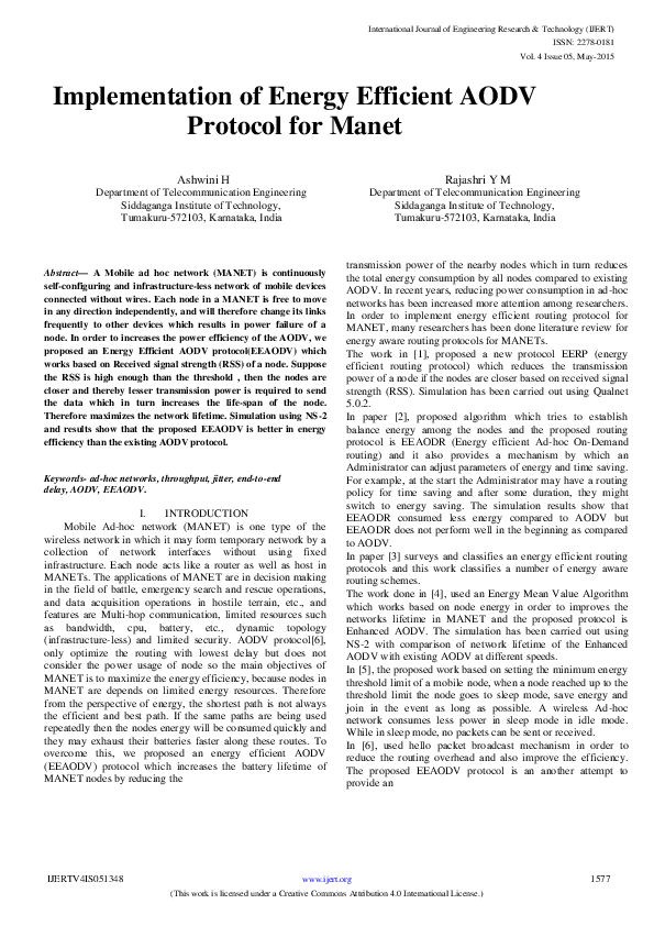 (PDF) IJERT-Implementation of Energy Efficient AODV Protocol for Manet