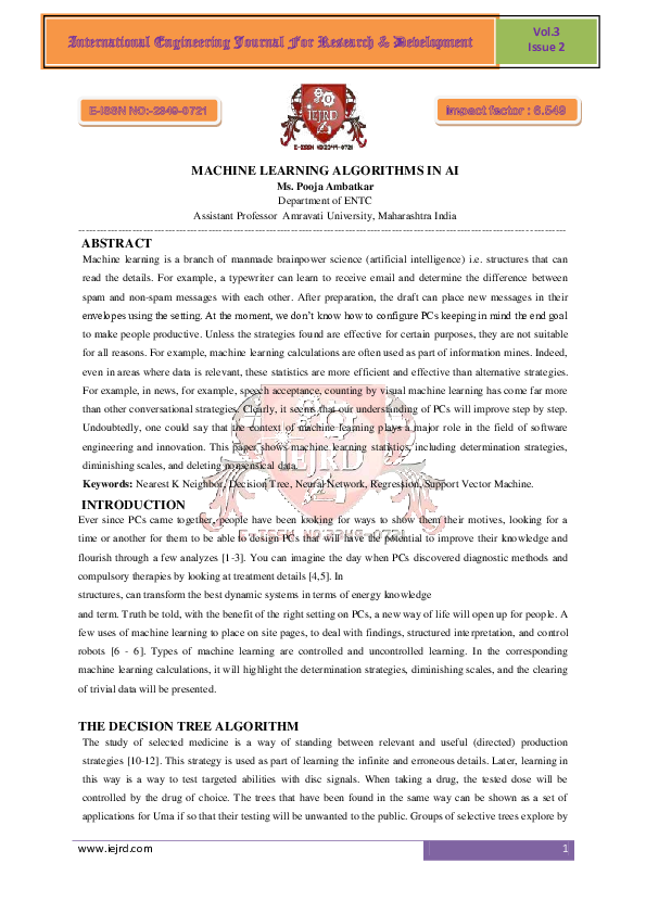 (PDF) MACHINE LEARNING ALGORITHMS IN AI