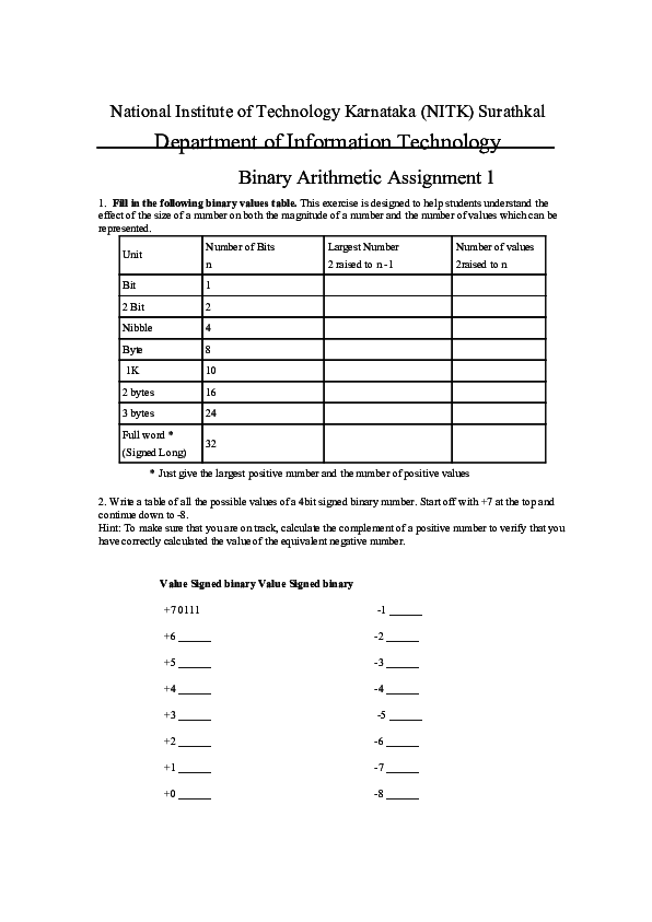 Pdf Binary Arithmetic Assignment 1
