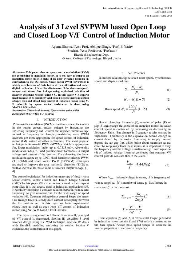 Pdf Ijert Analysis Of 3 Level Svpwm Based Open Loop And Closed Loop Vf Control Of Induction 8250