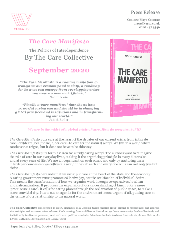 (PDF) The Care Collective, The Care Manifesto , Verso 2020- outline ...