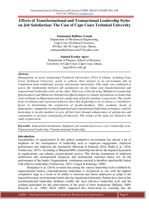 (PDF) Effects of Transformational and Transactional Leadership Styles on Job Satisfaction: The ...