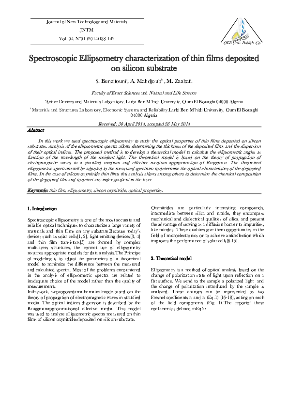 (PDF) Spectroscopic Ellipsometry characterization of thin films deposited on silicon substrate