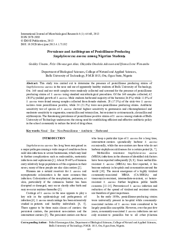 Pdf Prevalence And Antibiogram Of Penicillinase Producing Staphylococcus Aureus Among Nigerian