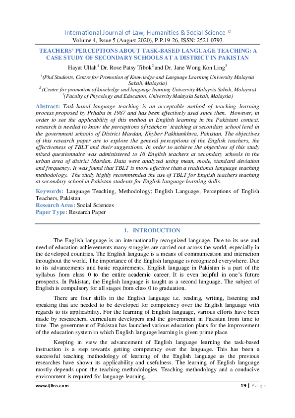 (PDF) TEACHERS’ PERCEPTIONS ABOUT TASK-BASED LANGUAGE TEACHING: A CASE STUDY OF SECONDARY ...