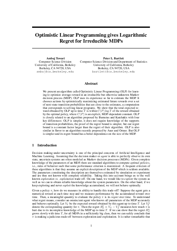 (PDF) Optimistic Linear Programming gives Logarithmic Regret for Irreducible MDPs
