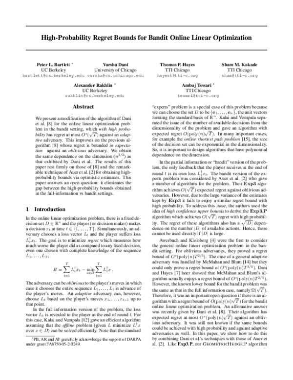 (PDF) High-probability regret bounds for bandit online linear optimization | Ambuj Tewari ...