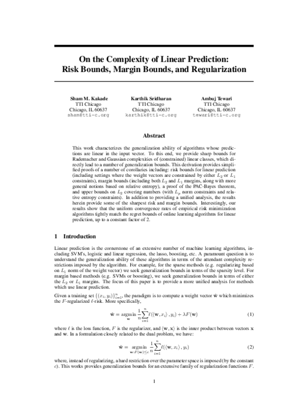 (PDF) On the complexity of linear prediction: Risk bounds, margin bounds, and regularization
