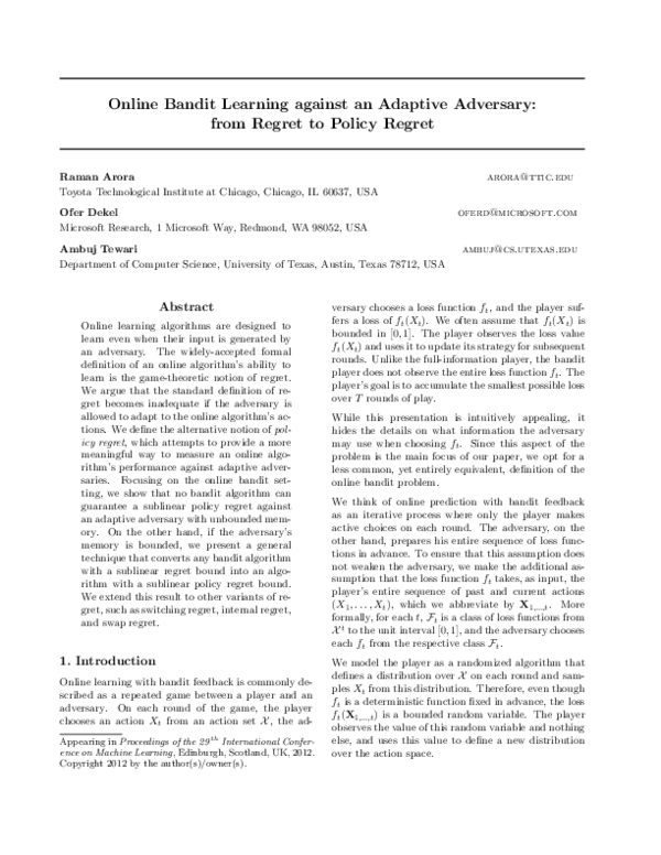 (PDF) Online bandit learning against an adaptive adversary: from regret to policy regret