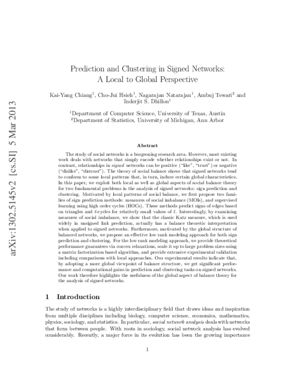 (PDF) Prediction and clustering in signed networks: a local to global perspective