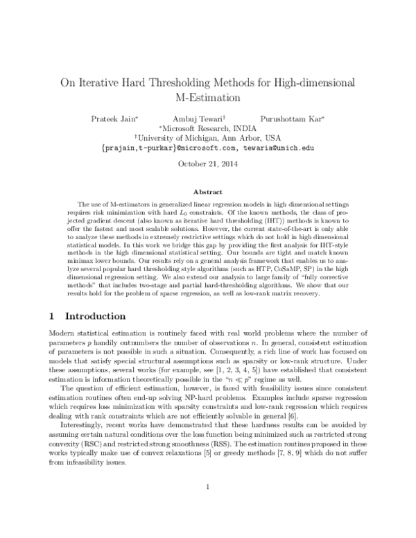 (PDF) On Iterative Hard Thresholding Methods for High-dimensional M-Estimation