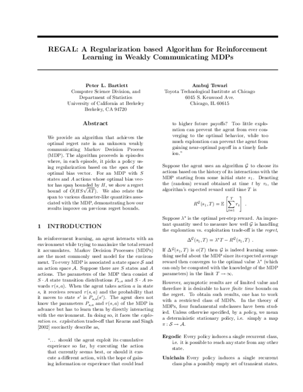 (PDF) REGAL : a regularization based algorithm for reinforcement learning in weakly ...