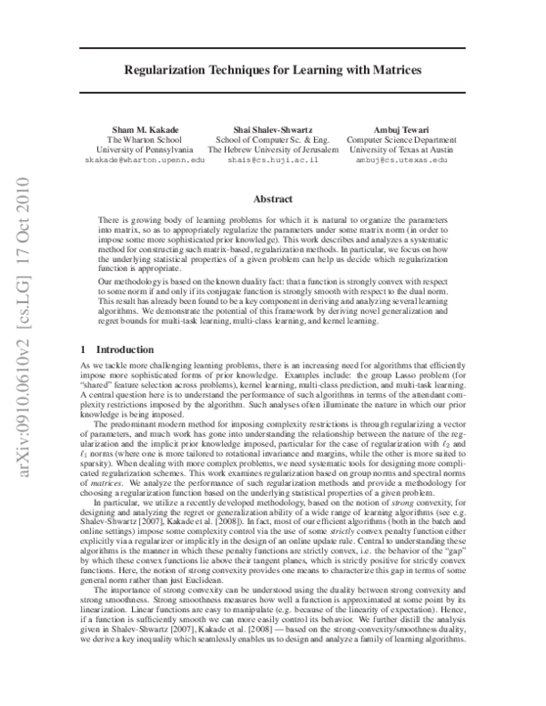 (PDF) Regularization techniques for learning with matrices