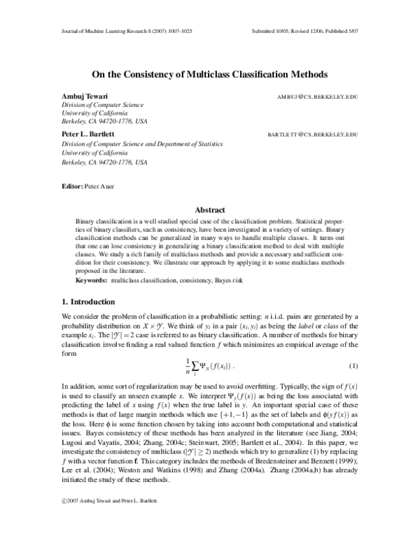 (PDF) On the Consistency of Multiclass Classification Methods