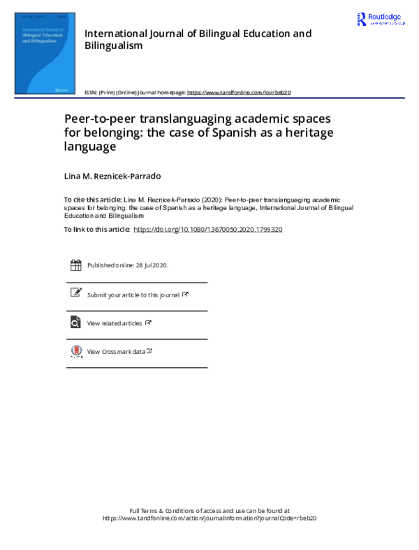 (PDF) Peer-to-peer Translanguaging Academic Spaces for Belonging: The ...