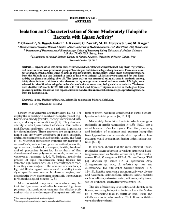 (PDF) Isolation and Characterization of Some Moderately Halophilic Bacteria with Lipase Activity