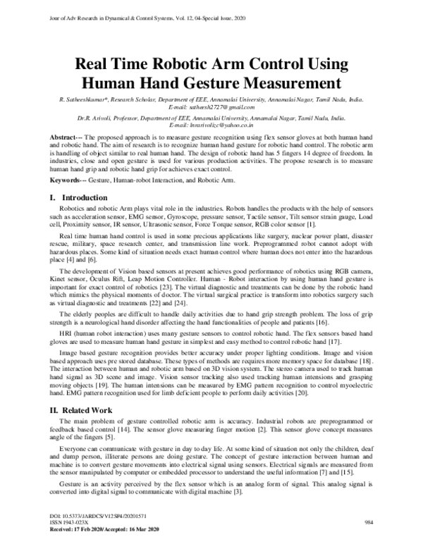 (PDF) Real Time Robotic Arm Control Using Human Hand Gesture Measurement