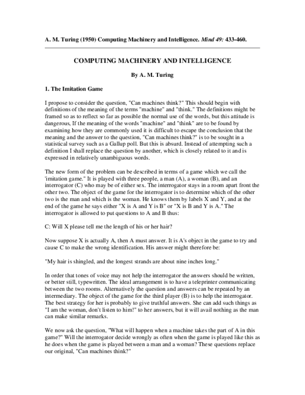 (PDF) Computing Machinery and Intelligence, by A. M. Turing