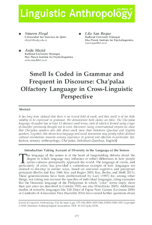 (PDF) Floyd, Simeon, Lila San Roque & Asifa Majid. 2018. Smell Is Coded ...