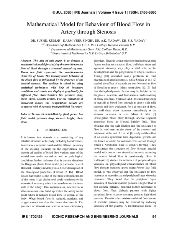 (PDF) Mathematical Model for Behaviour of Blood Flow in Artery through ...