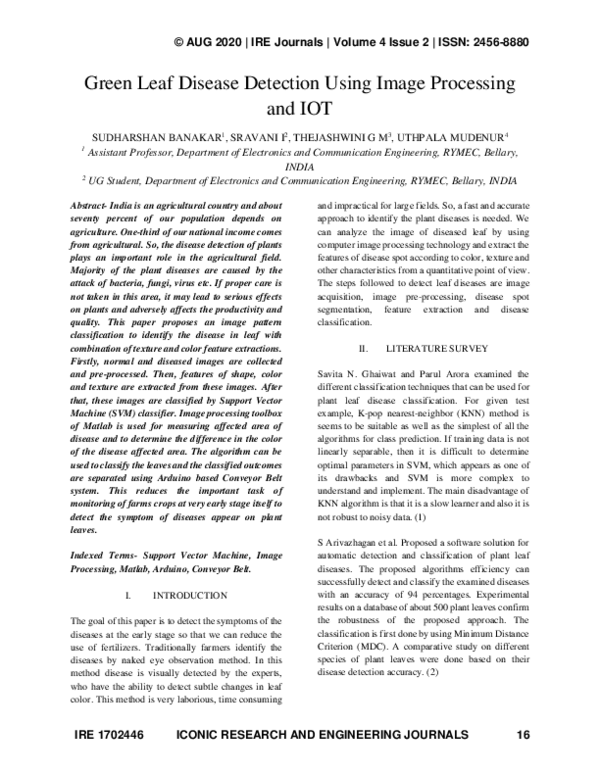 (PDF) Green Leaf Disease Detection Using Image Processing and IOT | IRE ...