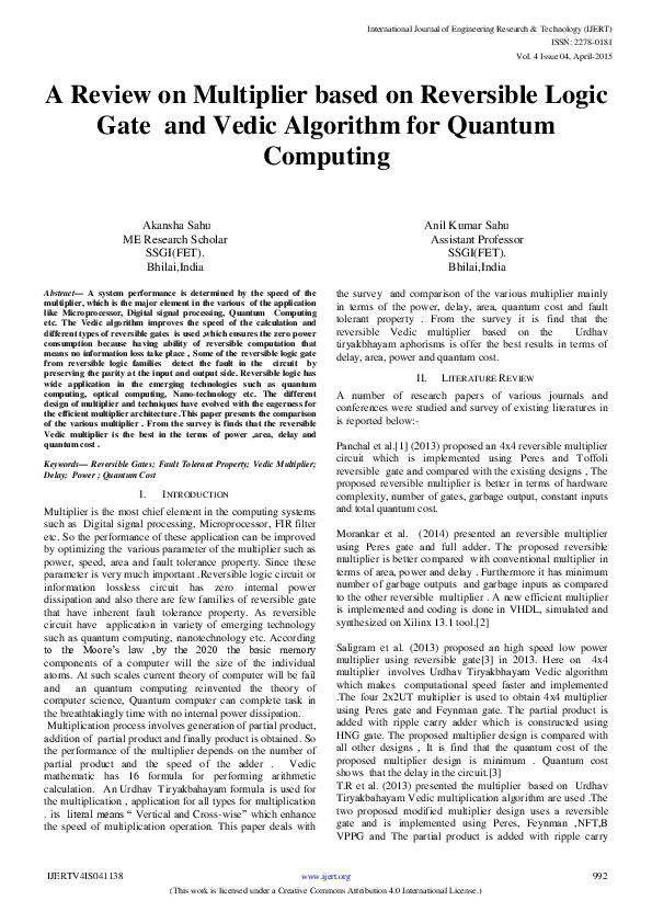 Pdf Ijert A Review On Multiplier Based On Reversible Logic Gate And Vedic Algorithm For