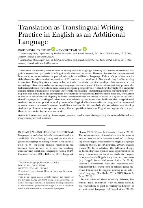 (PDF) Translation as Translingual Writing Practice in English as an ...