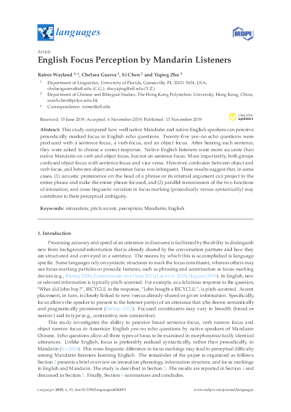 (PDF) English Focus Perception by Mandarin Listeners | Languages _MDPI ...