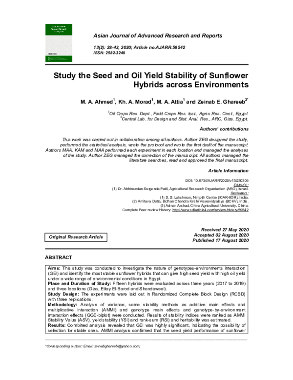 (PDF) Study the Seed and Oil Yield Stability of Sunflower Hybrids ...