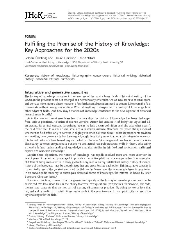 (PDF) Fulfilling the Promise of the History of Knowledge: Key ...