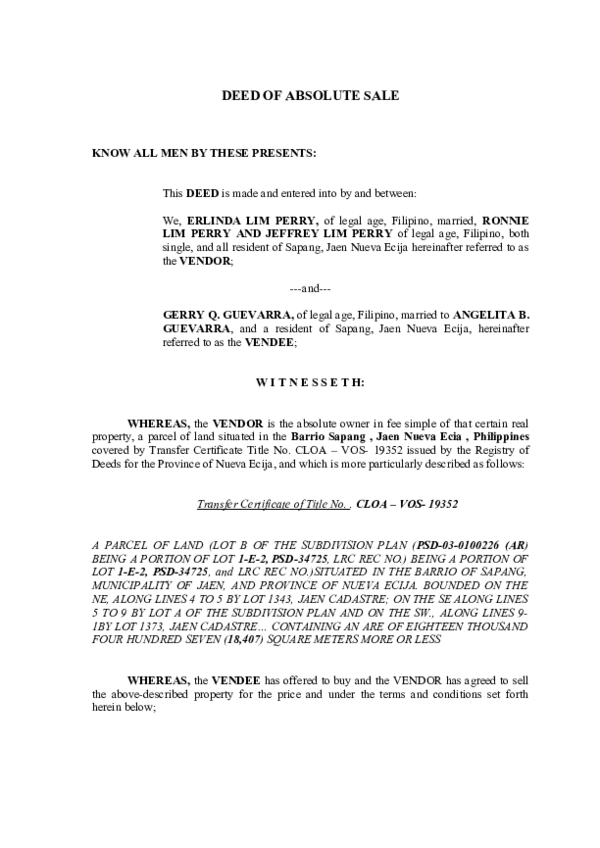 (DOC) DEED OF ABSOLUTE SALE KNOW ALL MEN BY THESE PRESENTS | Angelo Guevarra - Academia.edu