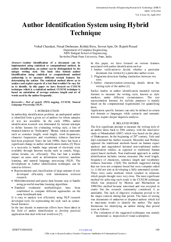 (PDF) IJERT-Author Identification System using Hybrid Technique | IJERT Journal - Academia.edu