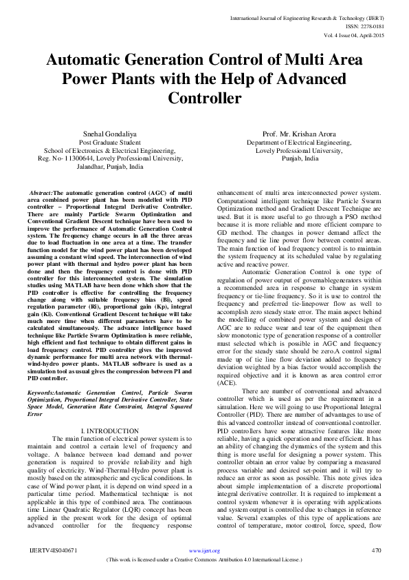 Pdf Ijert Automatic Generation Control Of Multi Area Power Plants With The Help Of Advanced