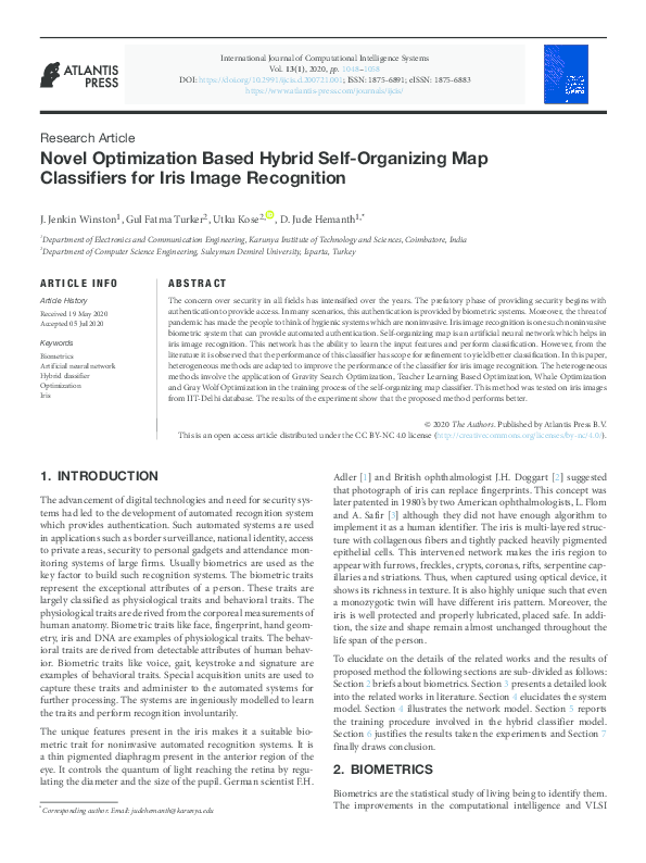 Pdf Novel Optimization Based Hybrid Self Organizing Map Classifiers For Iris Image Recognition
