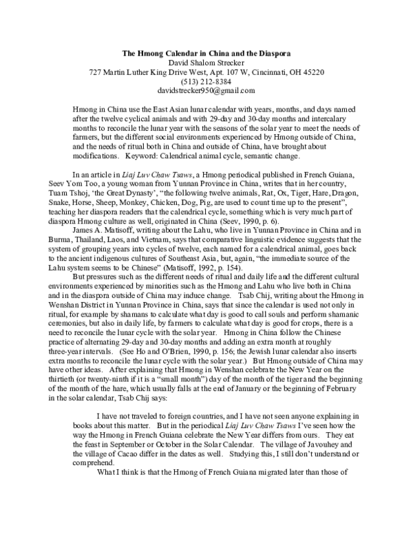 (PDF) The Hmong Calendar in China and the Diaspora