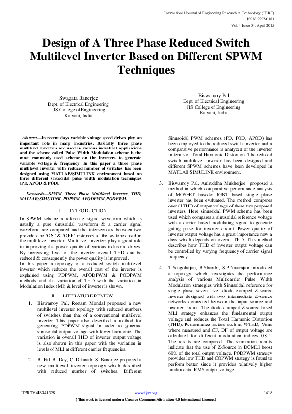 (PDF) IJERT-Design of A Three Phase Reduced Switch Multilevel Inverter Based on Different SPWM ...