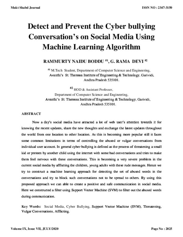 (PDF) Detect and Prevent the Cyber bullying Conversation's on Social ...