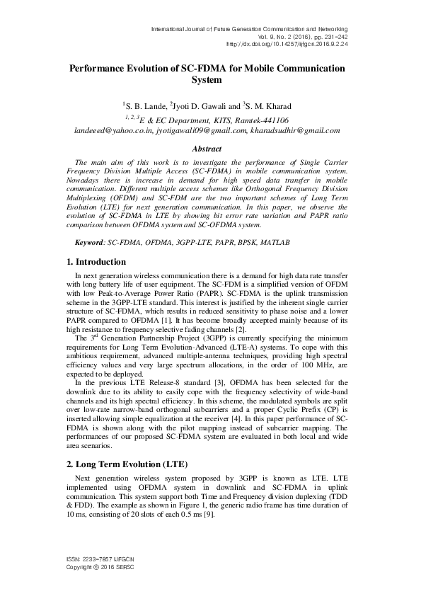 (PDF) Performance Evolution of SC-FDMA for Mobile Communication System