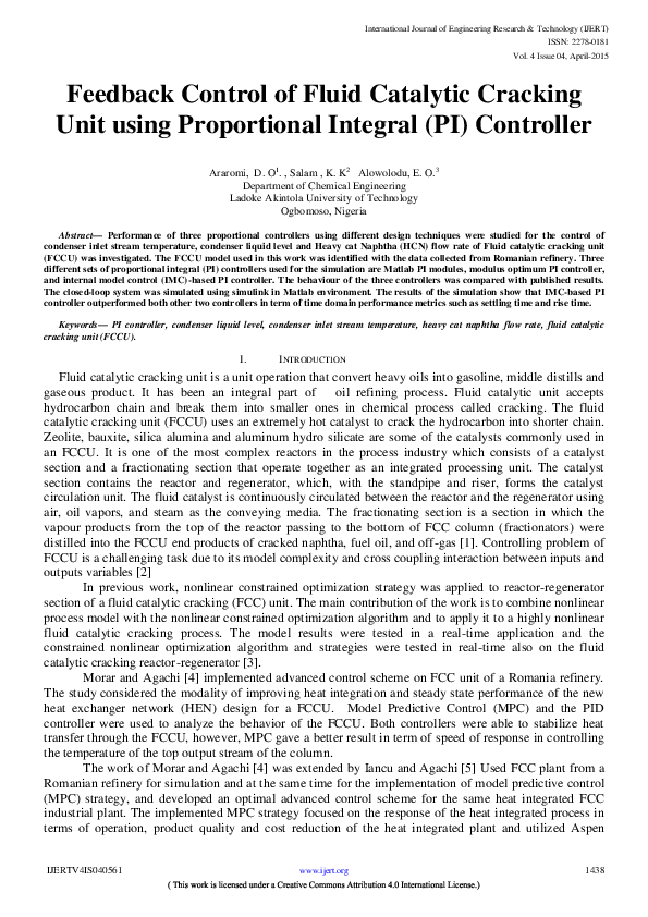 Pdf Ijert Feedback Control Of Fluid Catalytic Cracking Unit Using Proportional Integral Pi