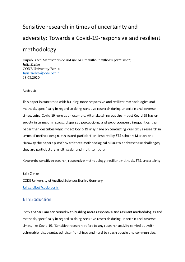 (PDF) Sensitive research in times of uncertainty and adversity: Towards ...