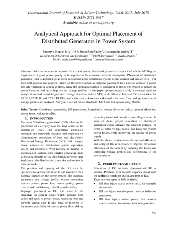 (PDF) Analytical Approach for Optimal Placement of Distributed Generators in Power System