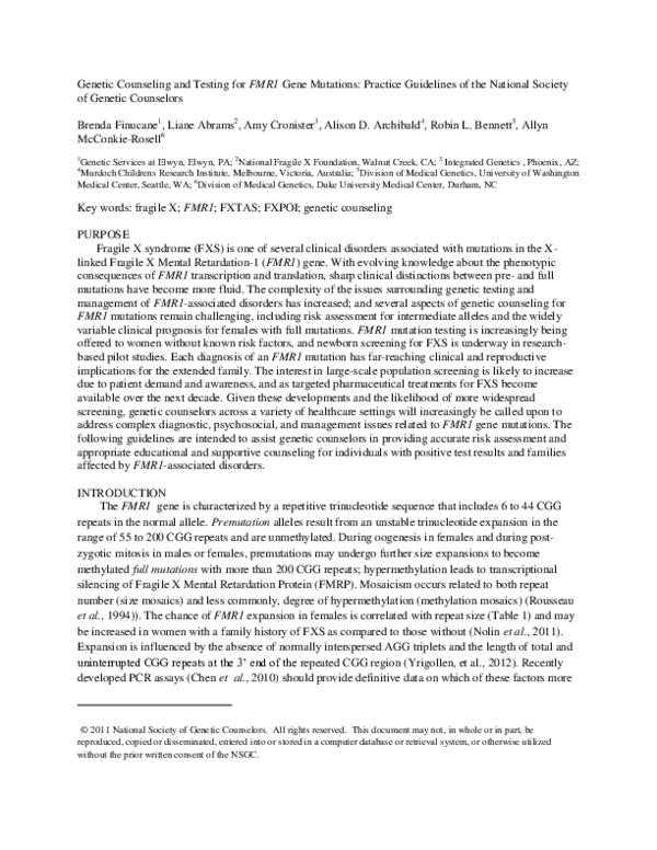 (PDF) Genetic Counseling and Testing for FMR1 Gene Mutations: Practice ...