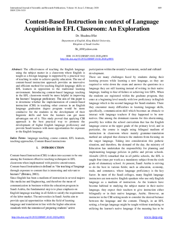 (PDF) Content-Based Instruction in context of Language Acquisition in EFL Classroom: An Exploration