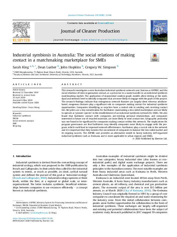 (PDF) Industrial symbiosis in Australia: The social relations of making ...
