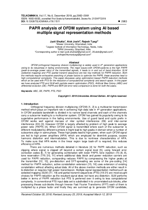 Pdf Papr Analysis Of Ofdm System Using Ai Based Multiple Signal