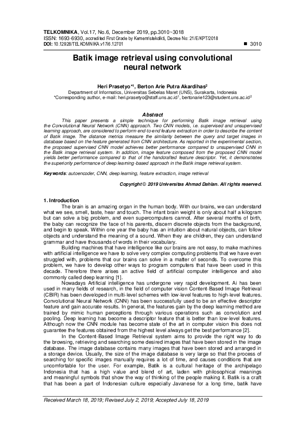 Pdf Batik Image Retrieval Using Convolutional Neural Network
