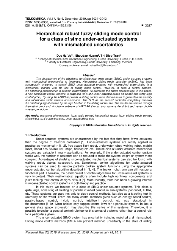 Pdf Hierarchical Robust Fuzzy Sliding Mode Control For A Class Of